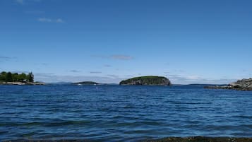 Paisagem costeira com águas calmas, uma pequena ilha com vegetação e montanhas distantes sob um céu claro.
