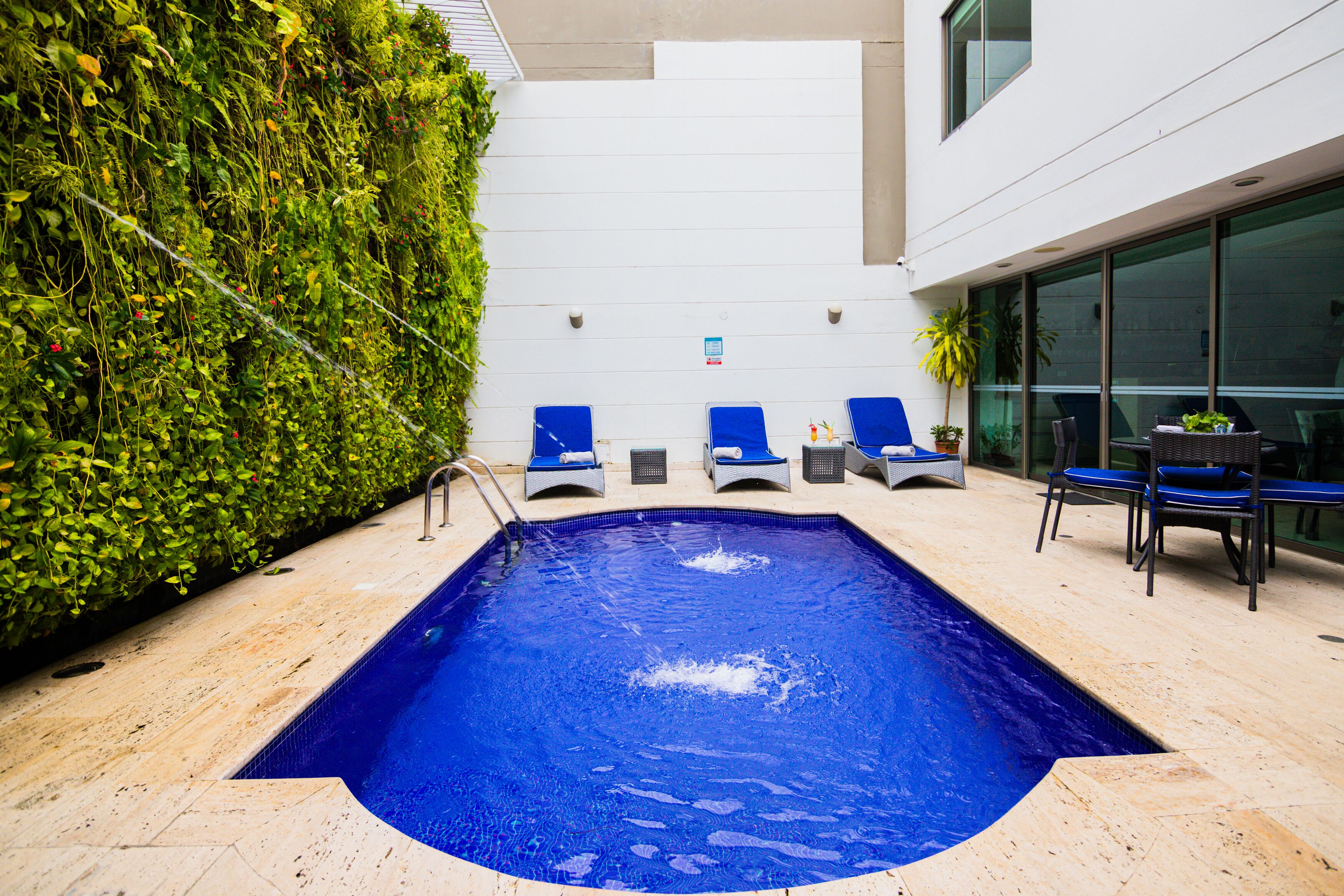 Uma piscina com água azul, rodeada por um muro branco e um viveiro verde. Há espreguiçadeiras azuis e uma mesa com cadeiras.