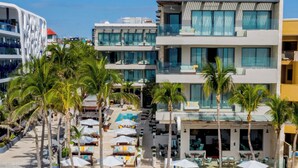 Hotel à beira-mar com vários andares, palmeiras e áreas de estar ao ar livre.