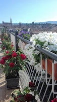 Varanda com vasos de plantas, incluindo rosas vermelhas e flores brancas, com vista para uma paisagem urbana com edifícios e uma cadeia montanhosa distante.