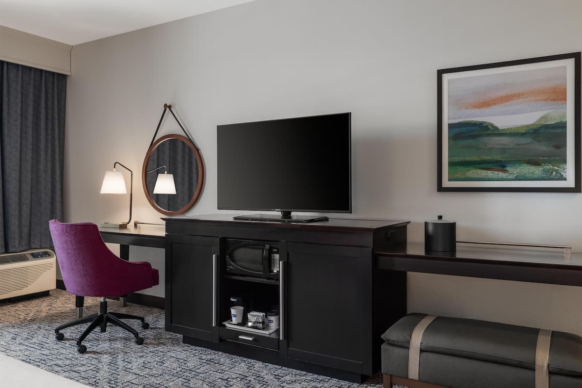 Quarto de hotel com televisão de tela plana, escrivaninha com luminária, cadeira roxa, micro-ondas, cafeteira e quadro decorativo com paisagem.