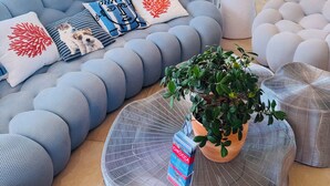 Uma sala de estar moderna com um amplo sofá modular, um banquinho redondo pequeno e uma planta em vaso.