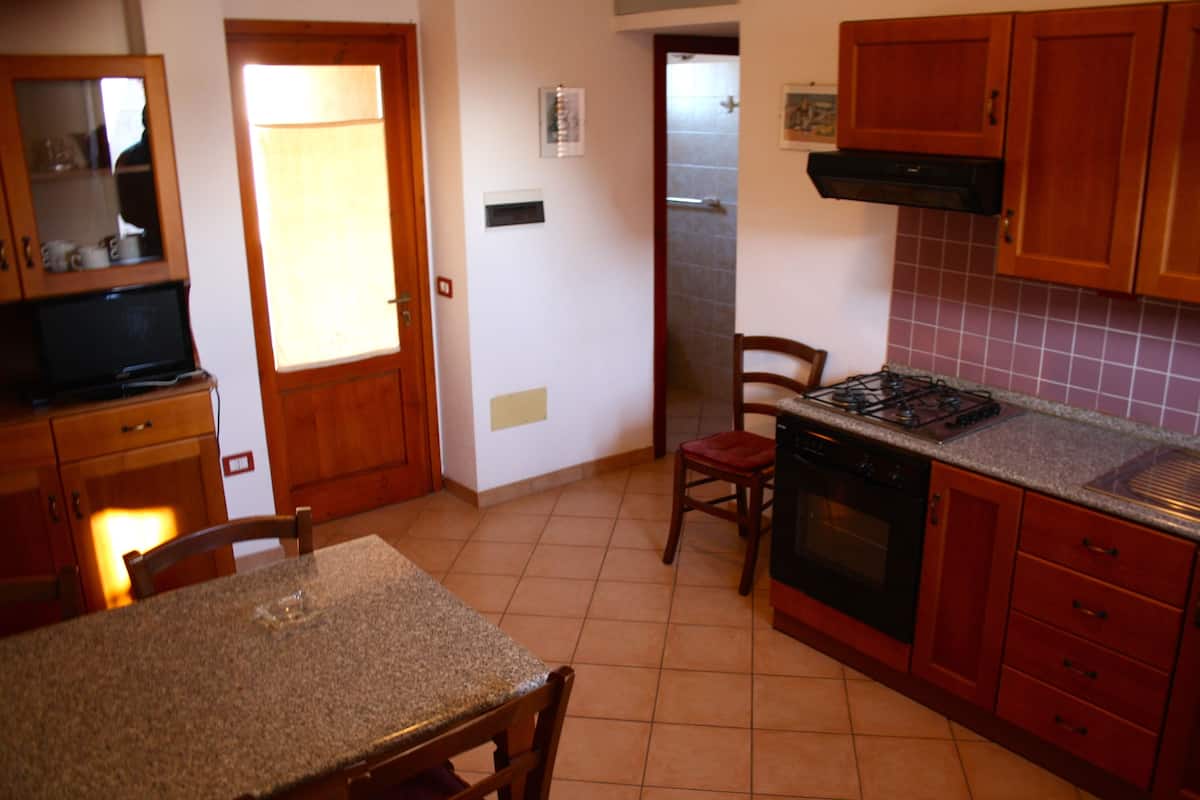 Cozinha com armários de madeira, fogão a gás, lava-louças e painel de azulejos.