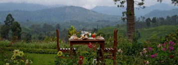 Mesa posta ao ar livre, com vista panorâmica para montanhas e vegetação exuberante ao fundo.