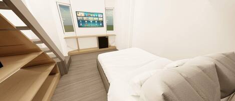 Quarto de hotel moderno com cama, escada de madeira e tela digital exibindo informações do quarto.