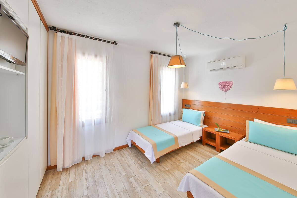 Quarto de hotel com duas camas, televisão, ar condicionado e cabeceira de madeira.