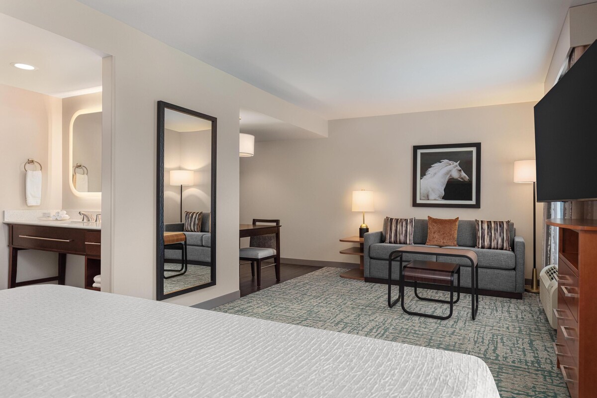 Quarto de hotel com uma cama grande, uma escrivaninha com espelho, um sofá, uma mesinha e uma televisão fixada na parede.