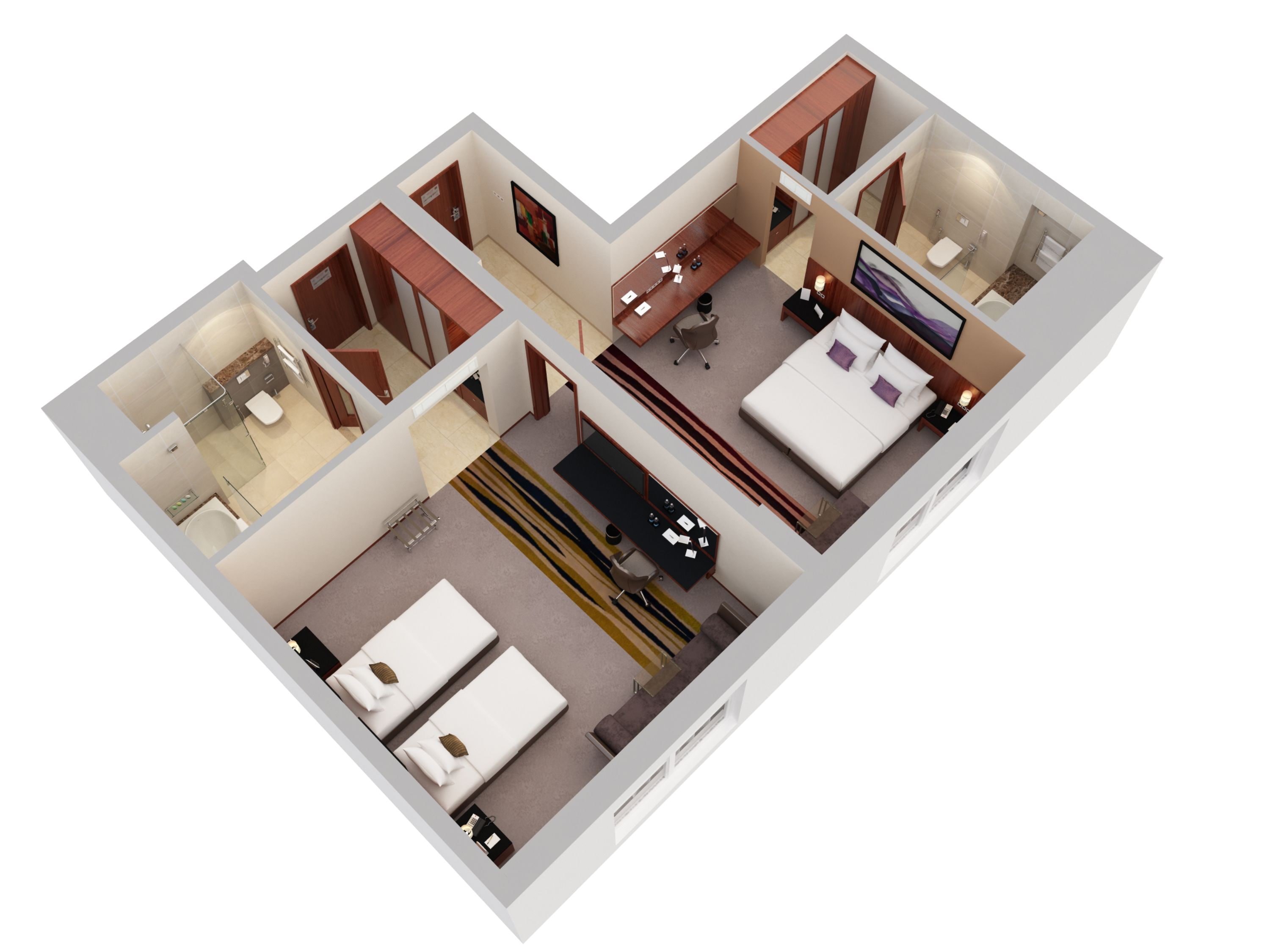 Planta baixa em 3D de um quarto de hotel com cama, escrivaninha, cadeira e banheiro.