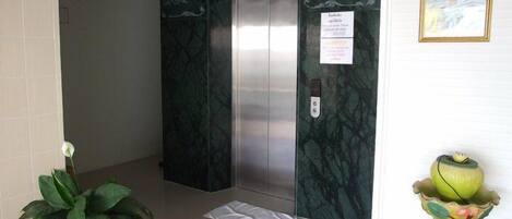 Um elevador em um saguão com parede de mármore, uma planta em vaso e um vaso decorativo.