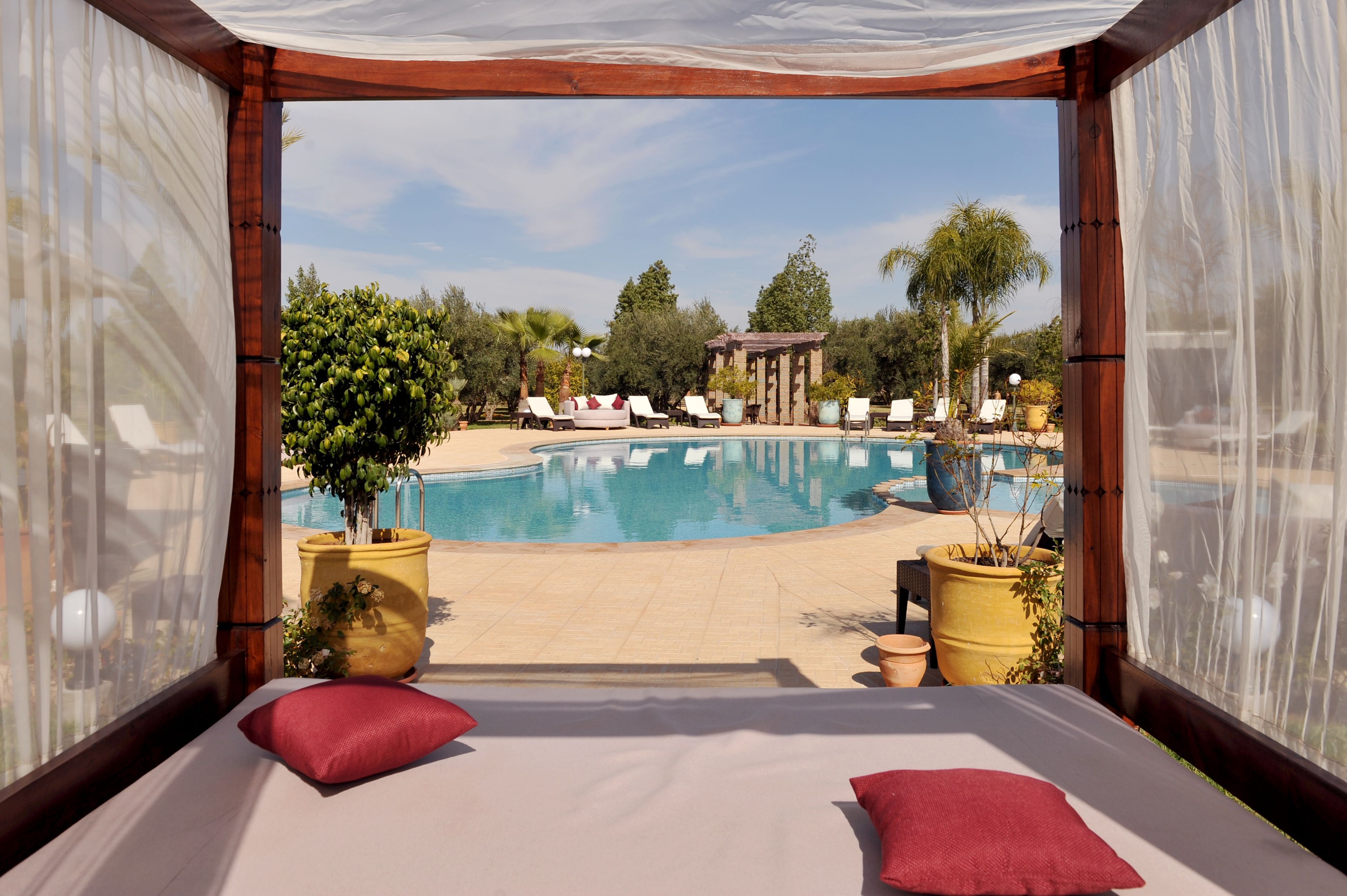 Quarto com cama, vista para uma piscina e plantas em vasos.