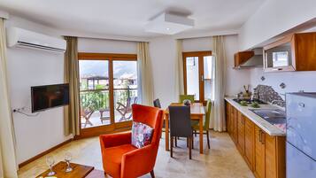 Apartamento conforto, 1 quarto, sacada, vista para o mar | Área de estar | TV de tela plana