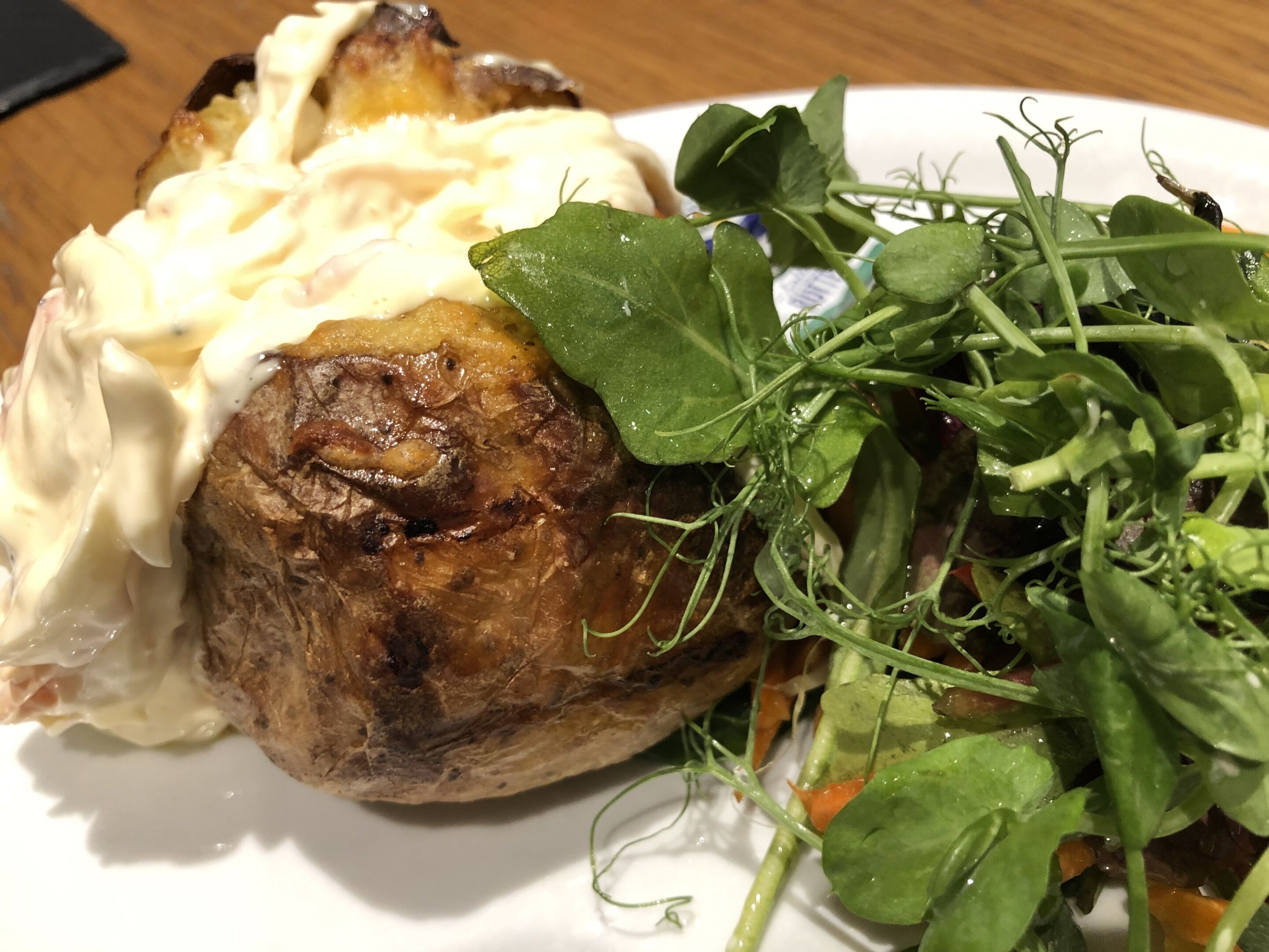 Um prato com carne assada, molho cremoso e acompanhamento de folhas verdes.