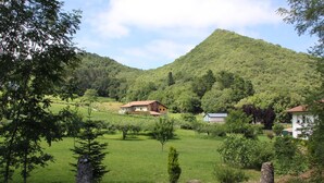 Paisagem rural com casas rodeadas por vegetação exuberante e uma colina ao fundo.