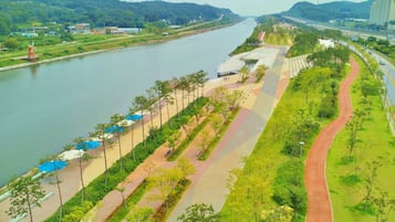 Uma passarela à beira do rio com bancos e árvores, uma ponte ao longe e uma estrada em paralelo com o rio.