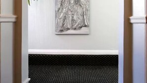 Um corredor com uma obra de arte emoldurada representando um vestido, uma planta e um tapete estampado.
