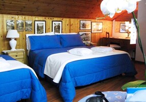 Quarto com duas camas, paredes de madeira, quadros enquadrados, uma escrivaninha e um abajur.