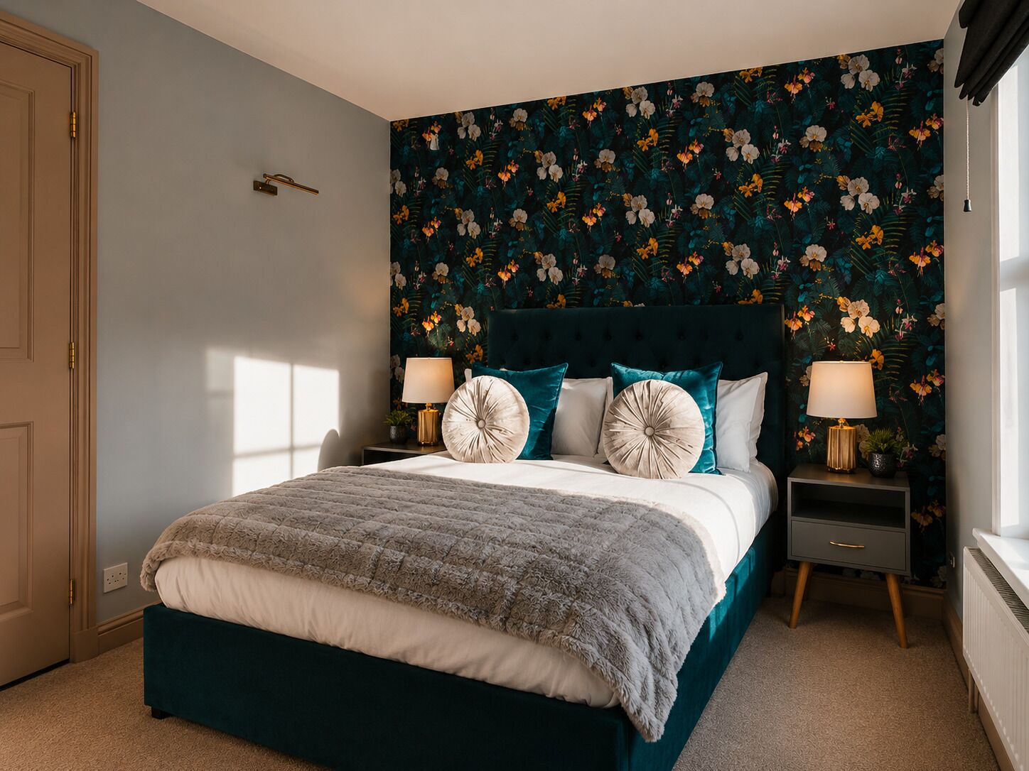 Quarto com cama, duas mesinhas de cabeceira, um criado-mudo, uma janela e papel de parede floral.