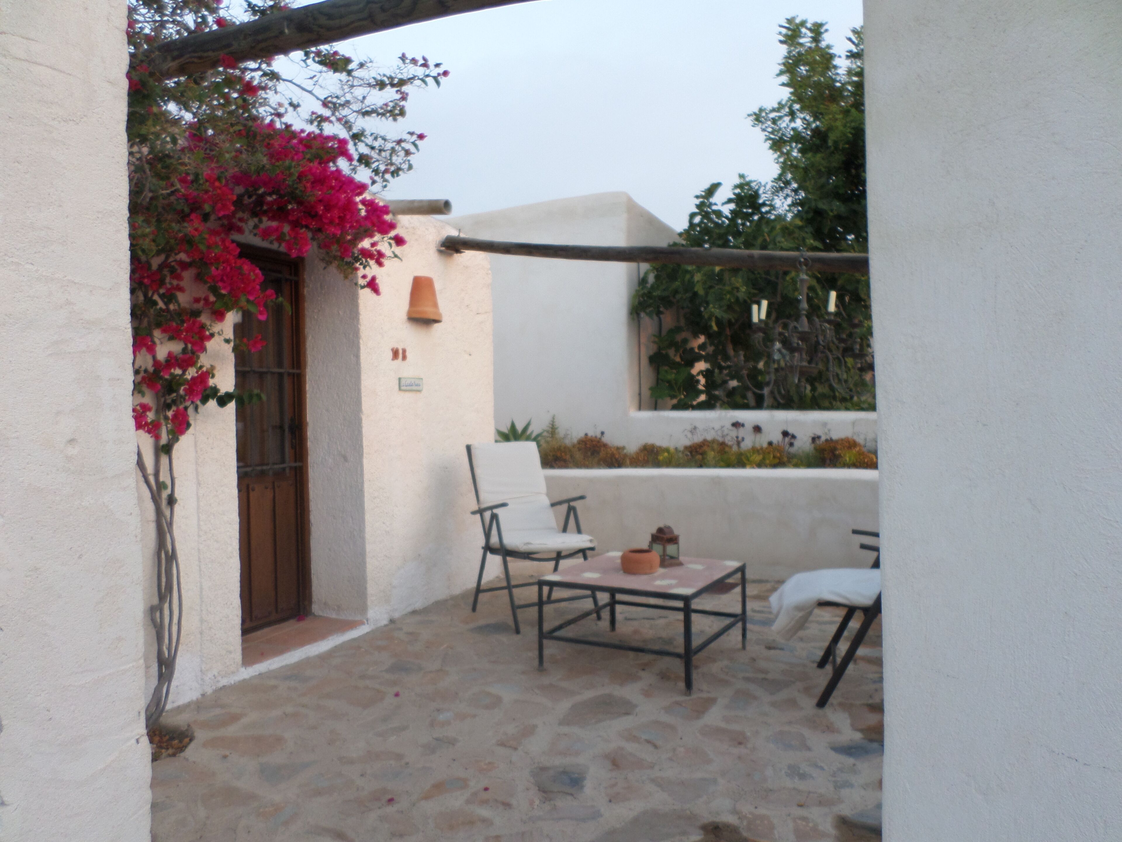 Um pátio com piso de pedra, parede branca, porta, cadeira, mesa e planta pendente.