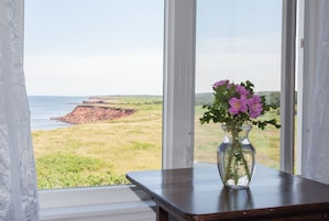 Vista pela janela, com um vaso de flores sobre uma mesa.