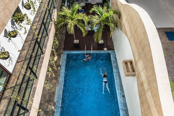 Vista aérea de uma piscina no terraço, com duas pessoas nadando, rodeada por vasos de plantas e um deck de madeira.
