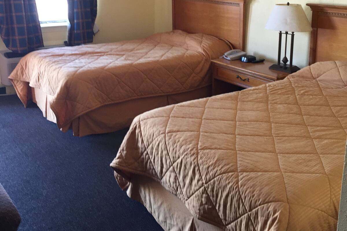 Quarto de hotel com duas camas, uma mesa de cabeceira, uma luminária e um quadro na parede.