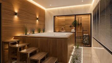 Uma área de spa moderna com uma banheira de hidromassagem de madeira, bancos de madeira e um caminho de pedra.