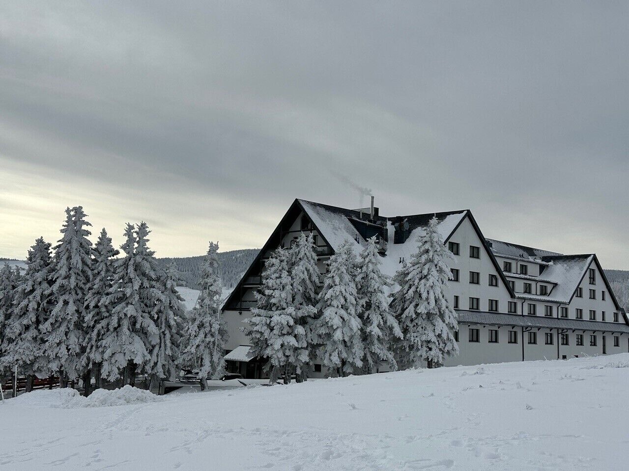 Um edifício grande e com vários andares, com um telhado simétrico, rodeado por árvores cobertas de neve.
