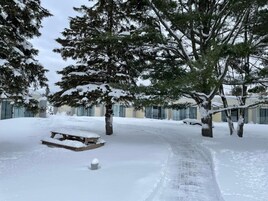 Área externa coberta de neve, com mesa de piquenique e bancos, rodeada por árvores e edifícios.