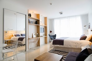 Estúdio, 1 cama de casal e sofá-cama | Roupa de alta qualidade, cofre no quarto, secretária 