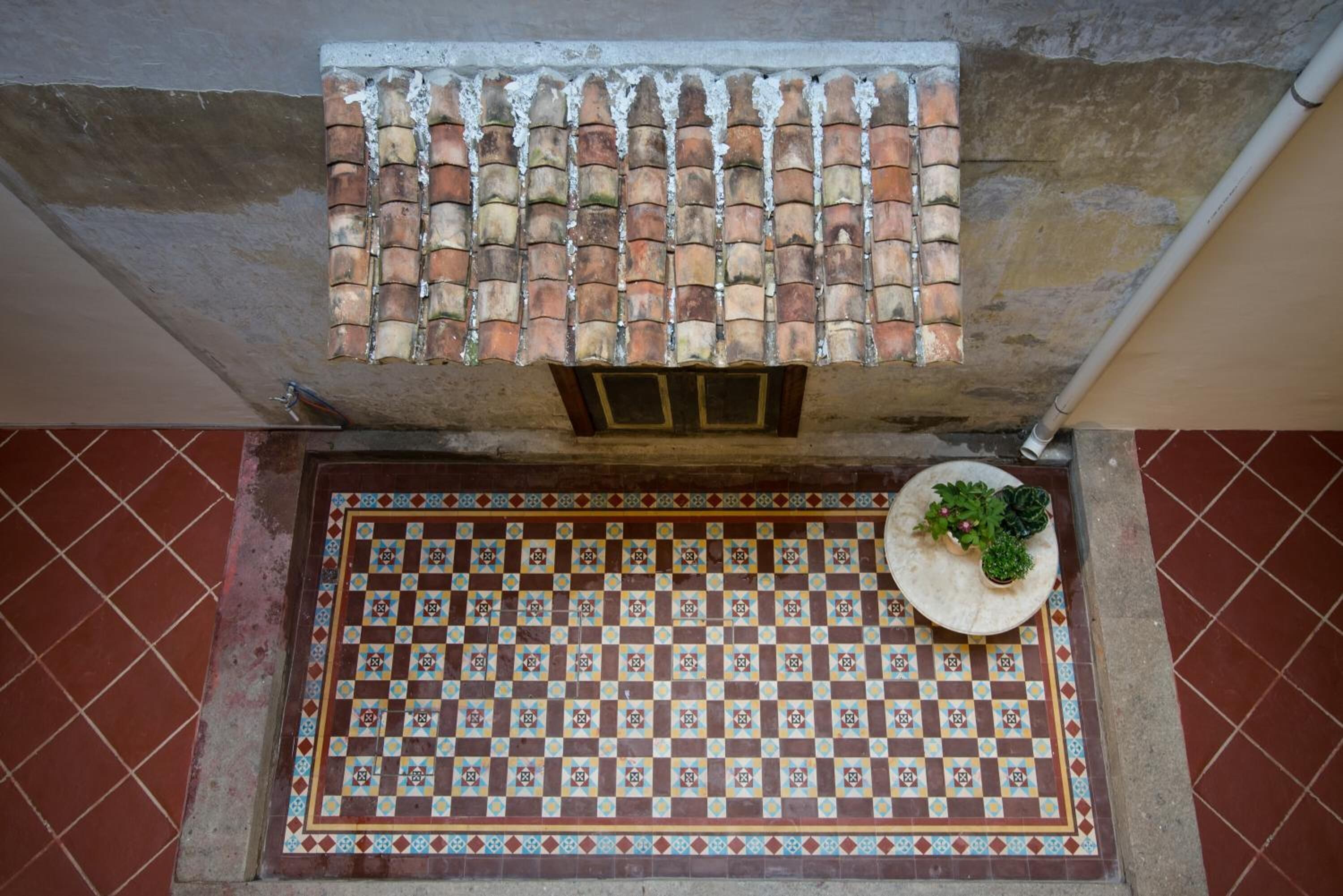 Piso de azulejos com padrão geométrico, um pequeno cachepot com planta e teto de azulejos com moldura decorativa.