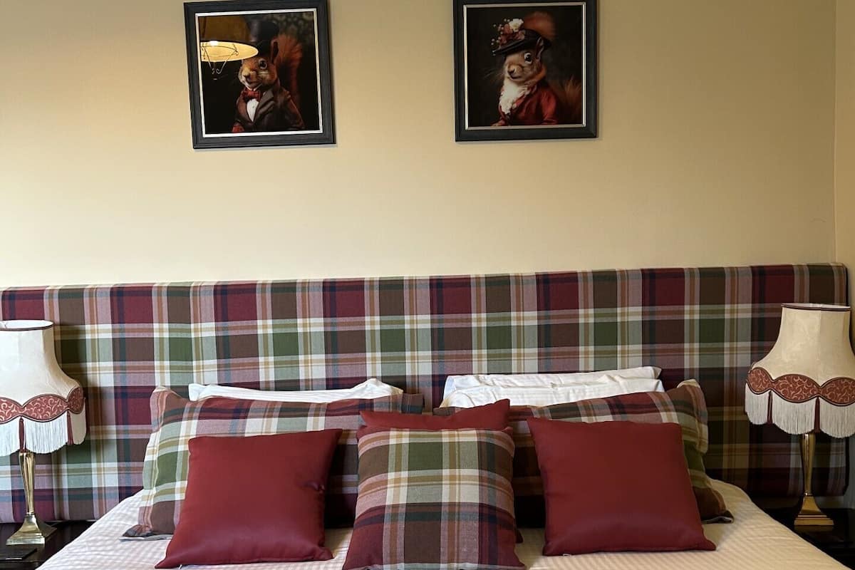 Cama com colcha xadrez e almofadas, ladeada por duas molduras na parede.