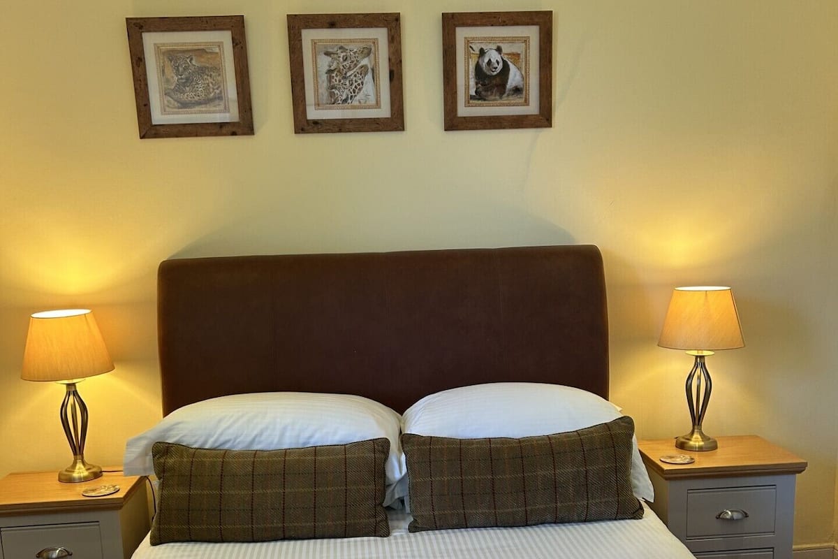 Cama bem arrumada com duas almofadas, cabeceira e duas mesas de cabeceira com abajures. Há três quadros na parede acima da cama.