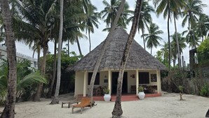 Uma cabana com telhado de palha, praia arenosa e palmeiras.