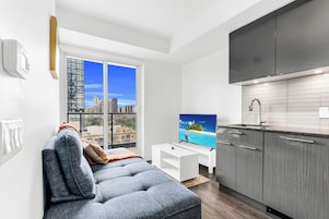 Apartamento conforto, sacada, vista para a cidade | Área de estar | TV LED 55 polegadas com canais digitais