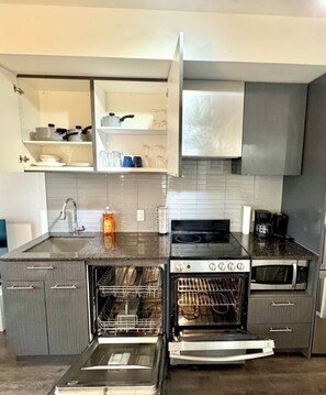 Apartamento conforto, sacada, vista para a cidade | Cozinha privada | Geladeira grande, micro-ondas, fogão, cafeteira/chaleira