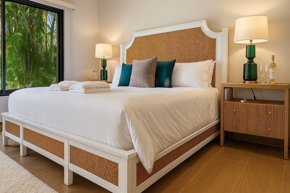 Uma cama bem arrumada com lençóis brancos, cabeceira de madeira e duas luminárias de cabeceira.