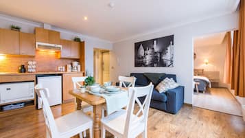 Apartamento Comfort, 1 cama de casal e sofá-cama, Vista para a cidade | Sala de estar | Televisor de ecrã plano de 33 polegadas com canais digitais