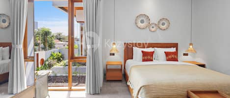 Villa, 2 quartos, vista para a piscina | Secretária, secretária adequada para computadores portáteis