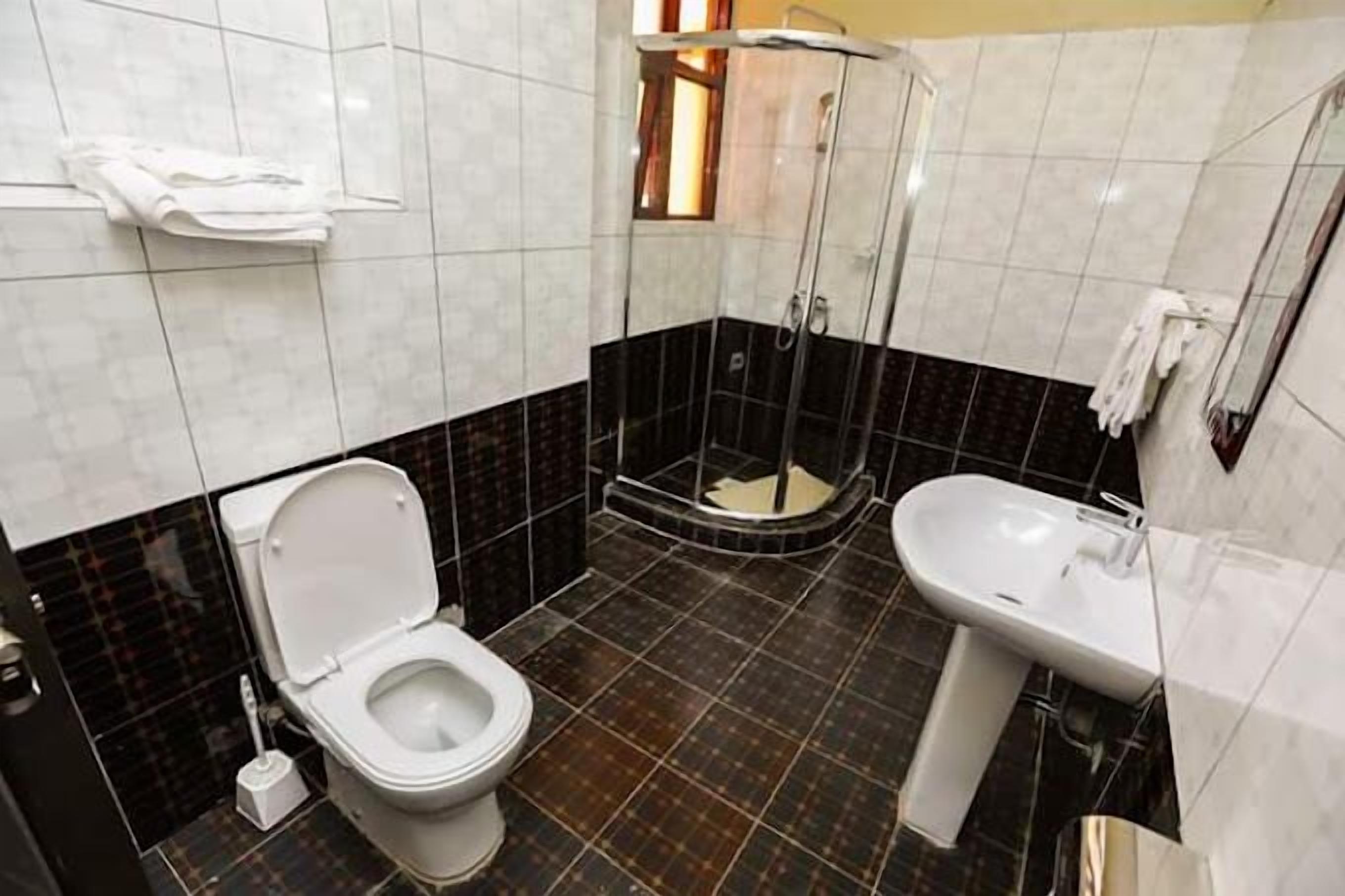 Uma casa de banho com sanita, lavatório e chuveiro.