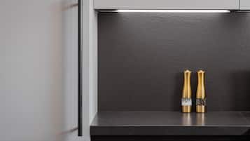 Apartamento Deluxe | Cozinha privada | Um frigorífico/congelador grande, um micro-ondas, um forno