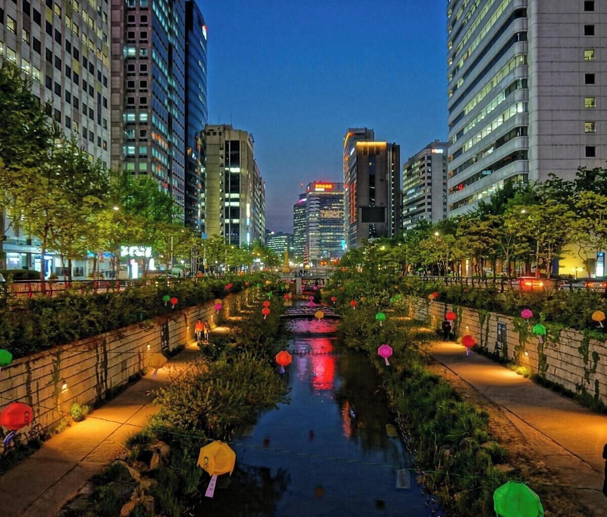 Cena urbana noturna com um canal, árvores e edifícios.
