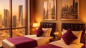 Quarto de hotel com duas camas, amplas janelas com vista para a cidade e duas imagens emolduradas na parede.