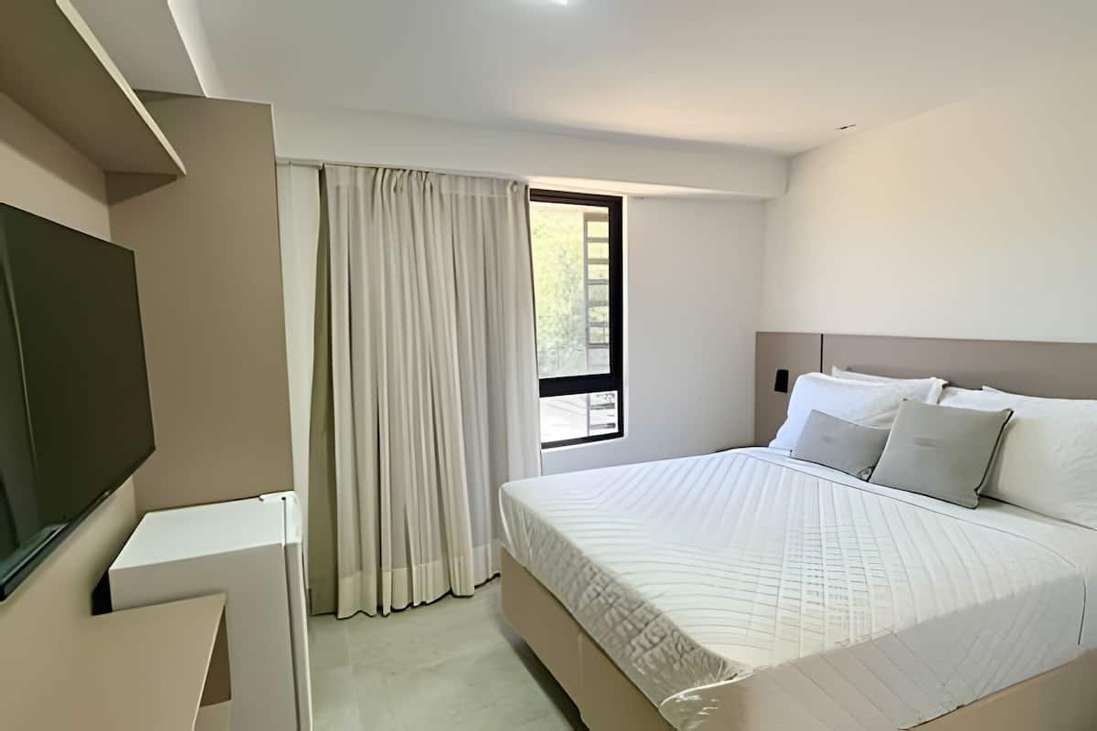 Quarto de hotel com cama, televisão, janela com cortinas e vista para vegetação.