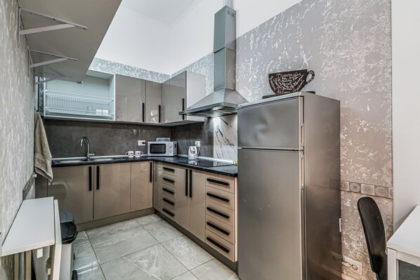 Um frigorífico/congelador grande, um micro-ondas, uma placa de cozinha 