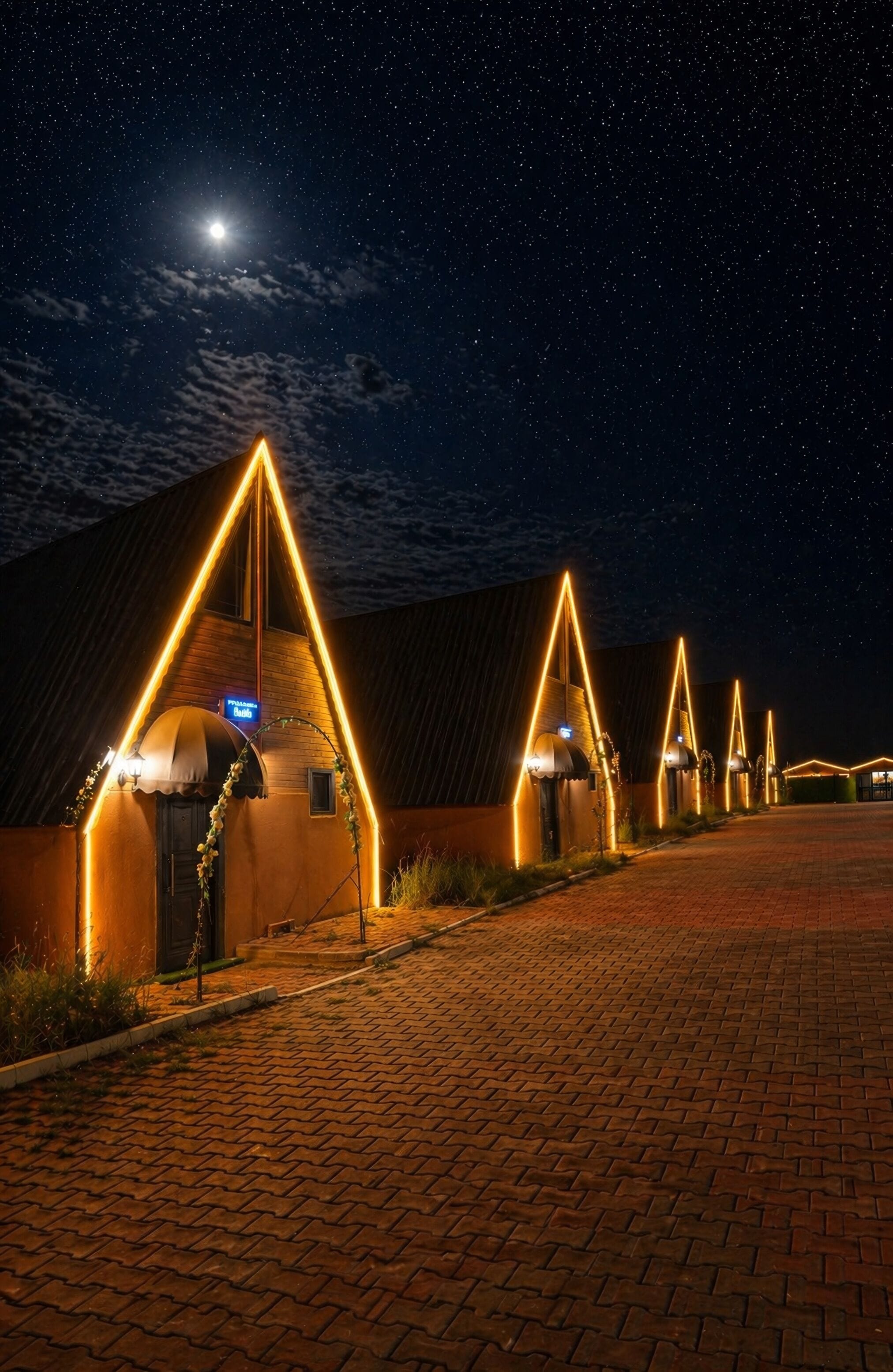 Uma fileira de edifícios com telhados triangulares, iluminação quente, um caminho pavimentado e um céu estrelado.