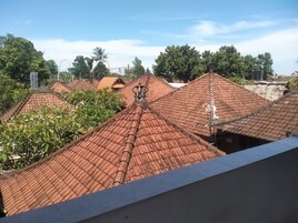 Área residencial com telhados em terracota, rodeada por vegetação exuberante e árvores.