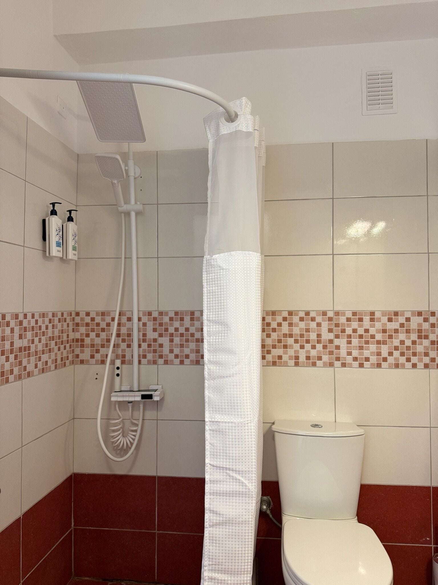 Casa de banho com chuveiro, sanita e paredes revestidas com azulejos.