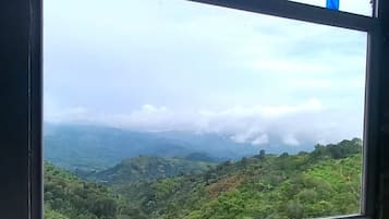Uma janela com vista para uma paisagem montanhosa.