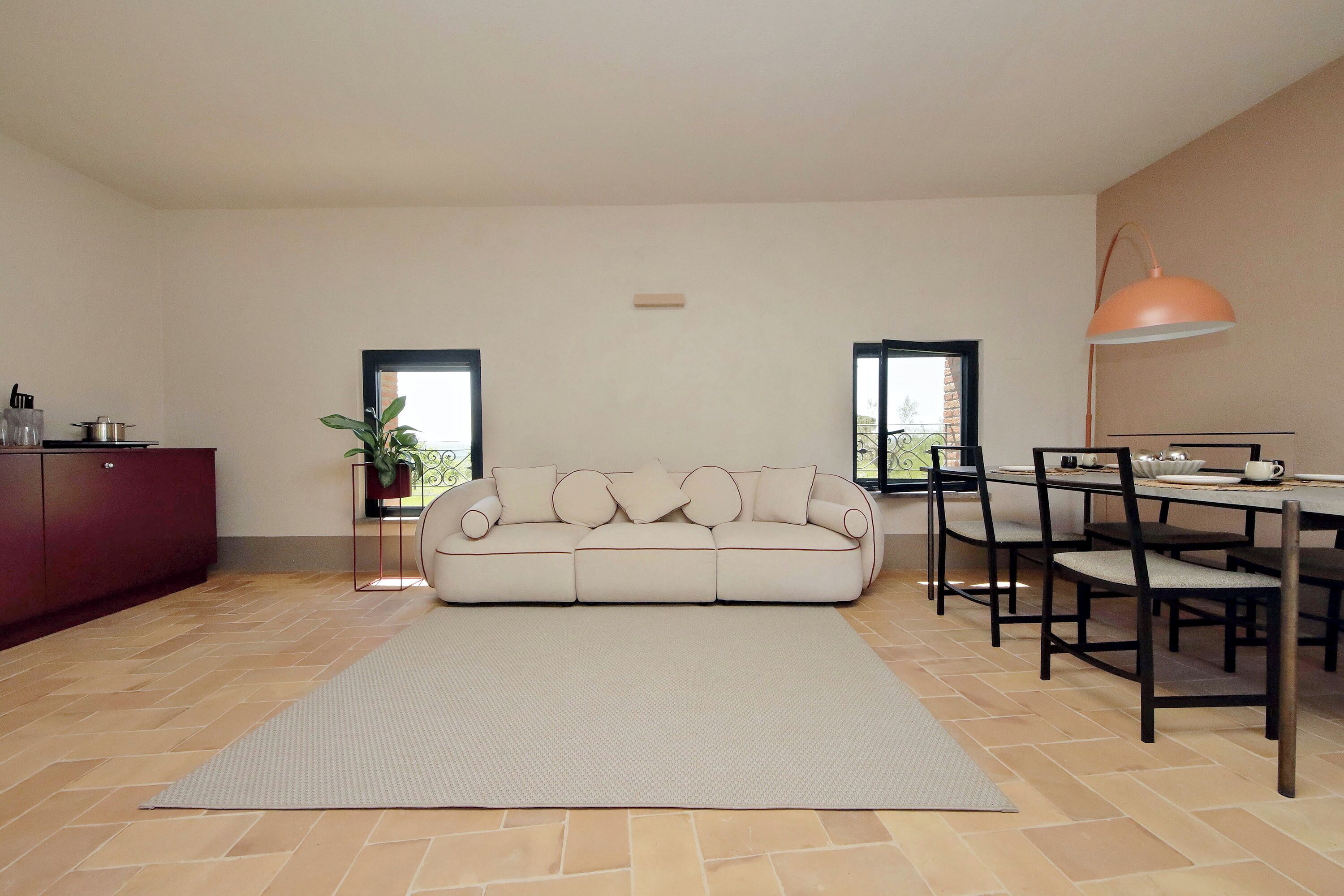 Sala de estar com sofá, mesa de jantar, cadeiras e um vaso de planta.