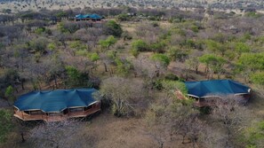 Uma estrutura ampla e ao ar livre com telhado azul, rodeada por vegetação rala e algumas árvores dispersas.